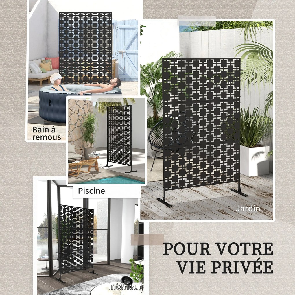 Dekorativní zahradní panel Outsunny - venkovní příčka s geometrickým kovovým designem - 122 x 45 x 198 cm, černý