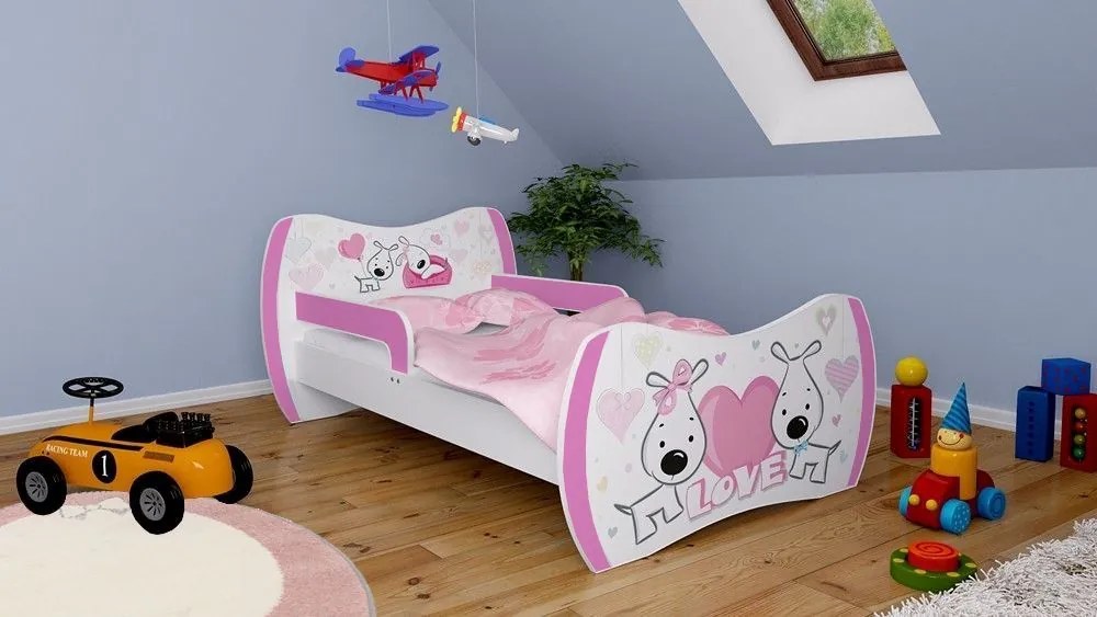 Svět pokojů Dětská postel Sen - PEJSCI SE SRDÍČKEM + matrace zdarma Barva: Bílá, Úložný prostor: ANO, Rozměr: 140x70 cm