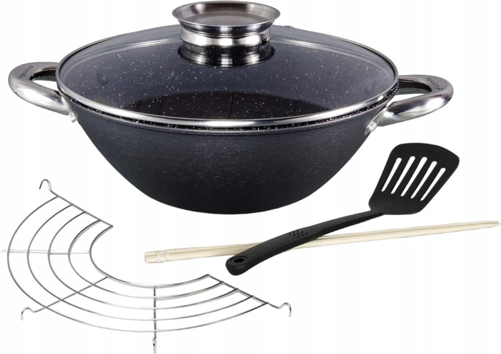 Litinový wok s krytem a mramorovou povrchovou úpravou 26 cm, indukční