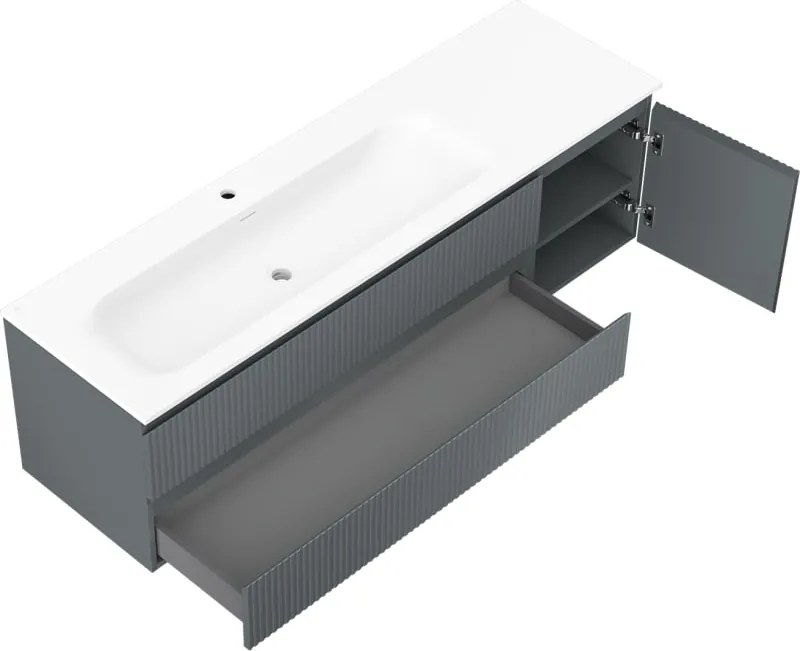 Mexen Rivel koupelnová skříňka 160 cm s umyvadlem Vela levým, 2S, 1D, rýhovaná, grafit/bílá mat
