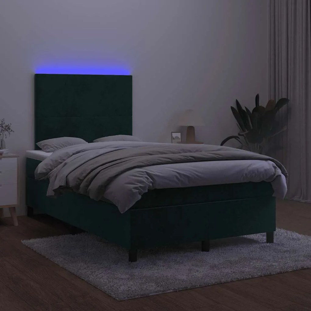 Box spring postel s matrací a LED tmavě zelená 120x190 cm samet 3270302