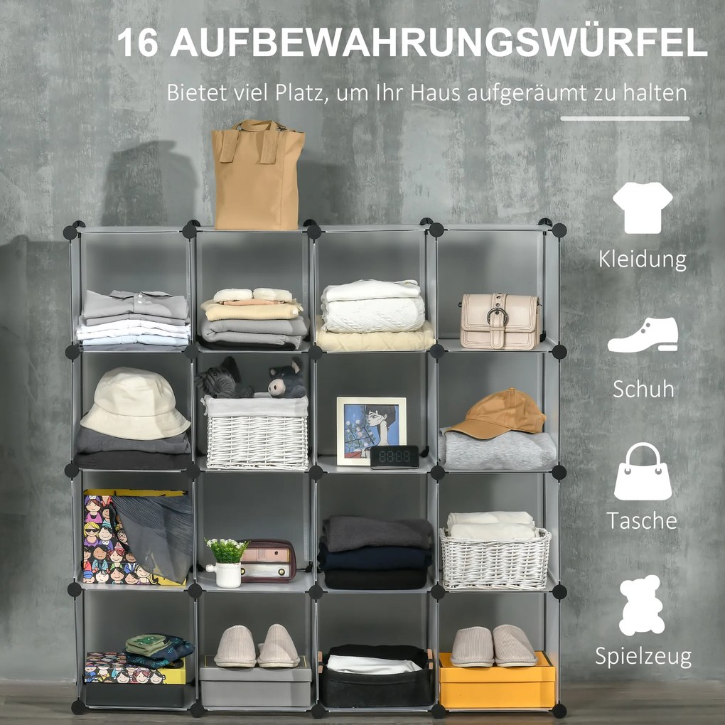 HOMCOM DIY kostkový policový systém 16 kostek úložný box plastová skříňka bílá 125x32x125cm ideální pro dětský pokoj a obývací pokoj