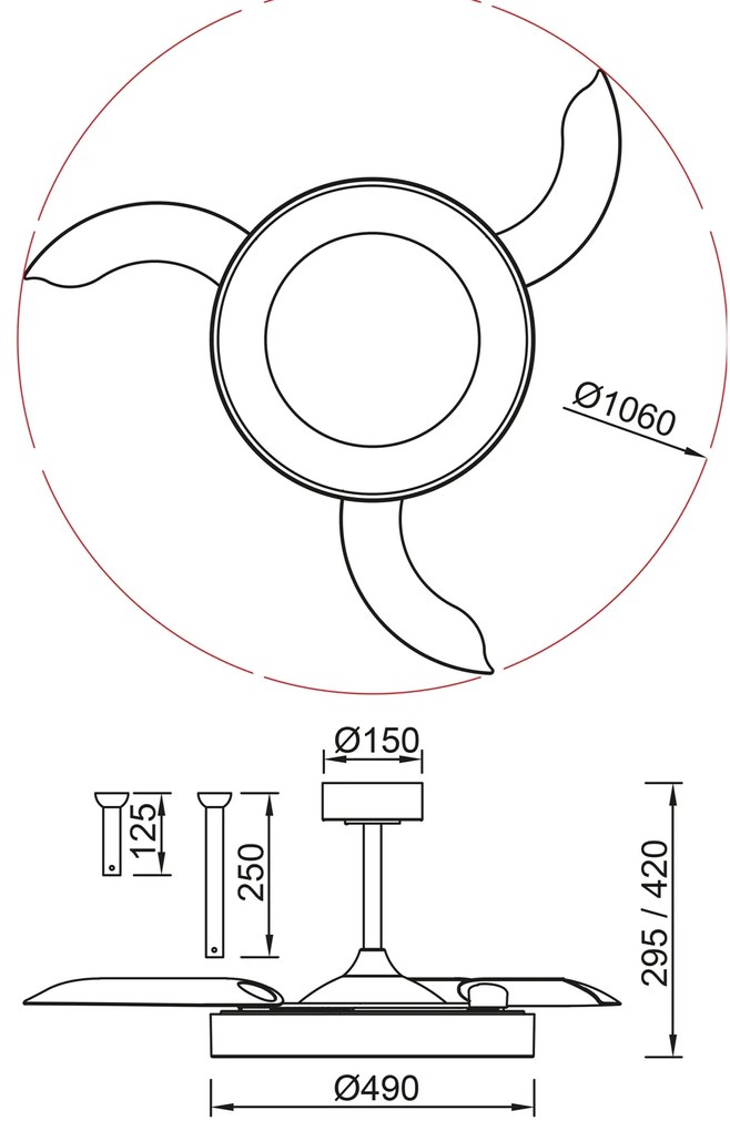 Matra 9091 Niseko M, rozvinovací ventilátor se svítidlem a dálk. ovladačem, LED 50W 2700-5000K, černá/zlatá, průměr 49/106cm