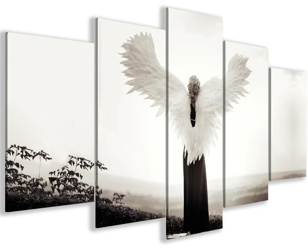 InSmile Pětidílný černobílý andělský obraz 100x50 cm