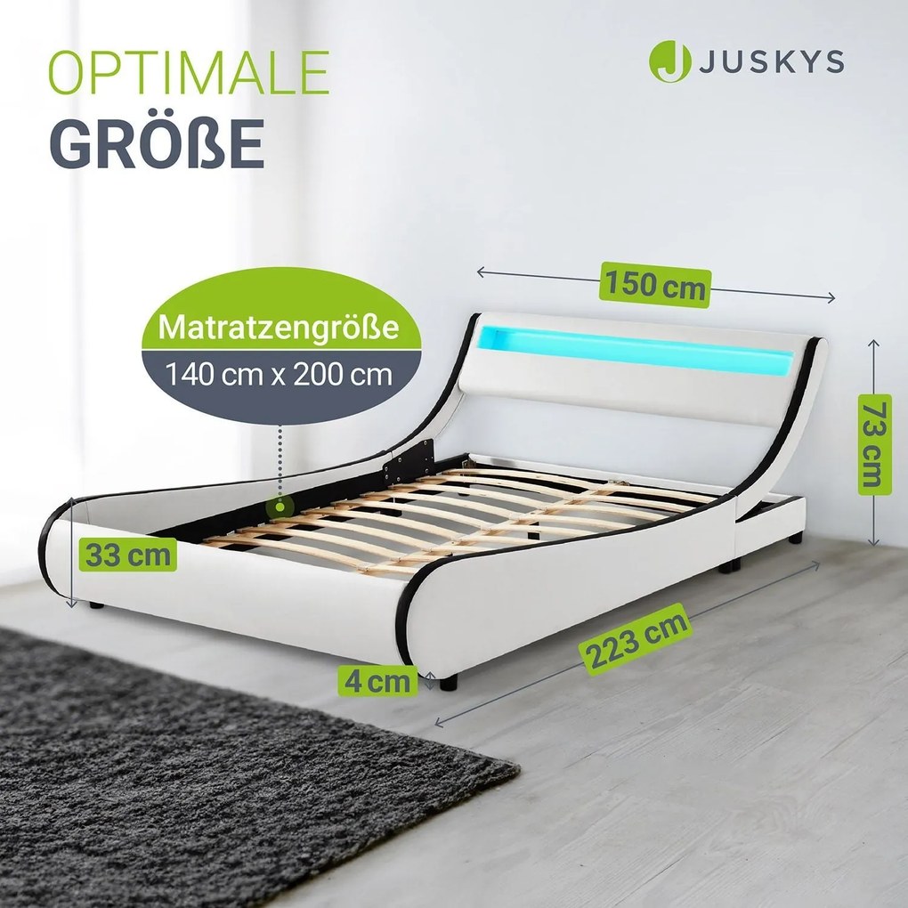 Juskys Čalouněná postel Valencia s LED osvětlením Barva: Bílá, Velikost: 140 × 200 cm