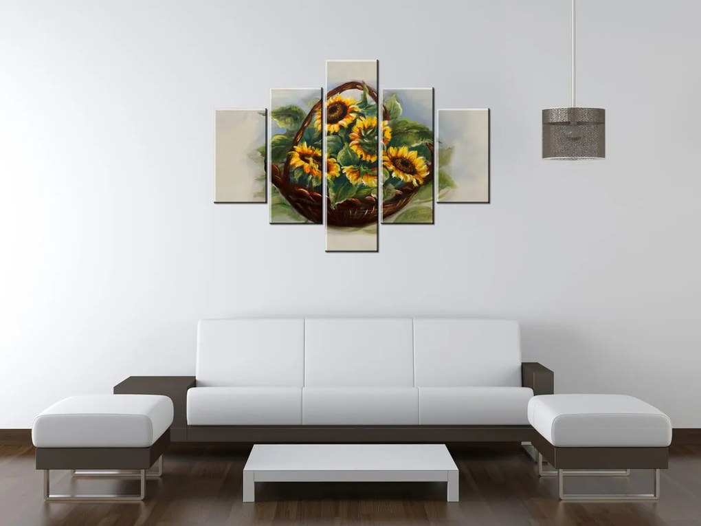 Gario Ručně malovaný obraz Košík slunečnic - 5 dílný Rozměry: 100 x 70 cm