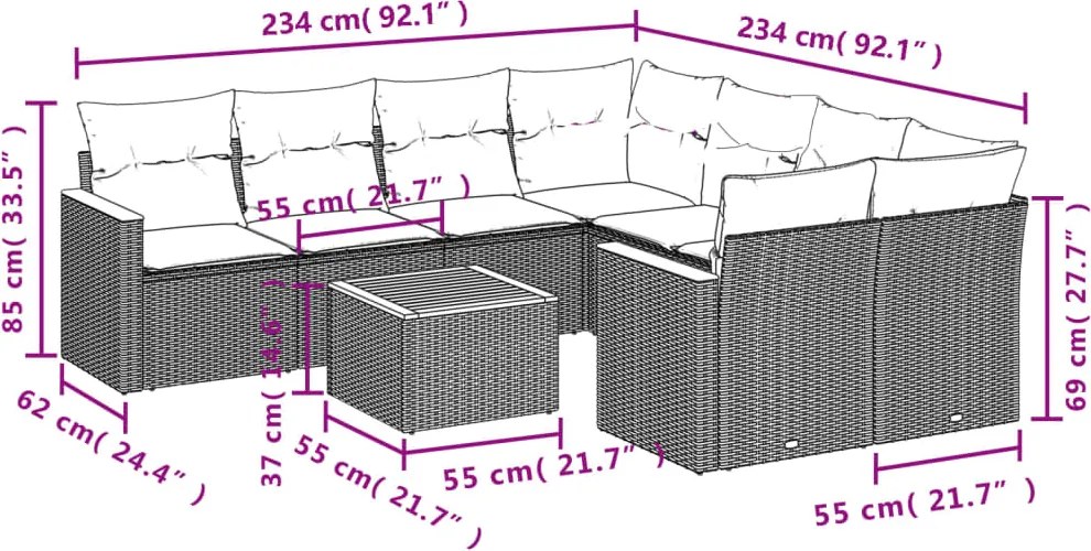 9dílná zahradní sedací souprava s poduškami černá polyratan 3258226
