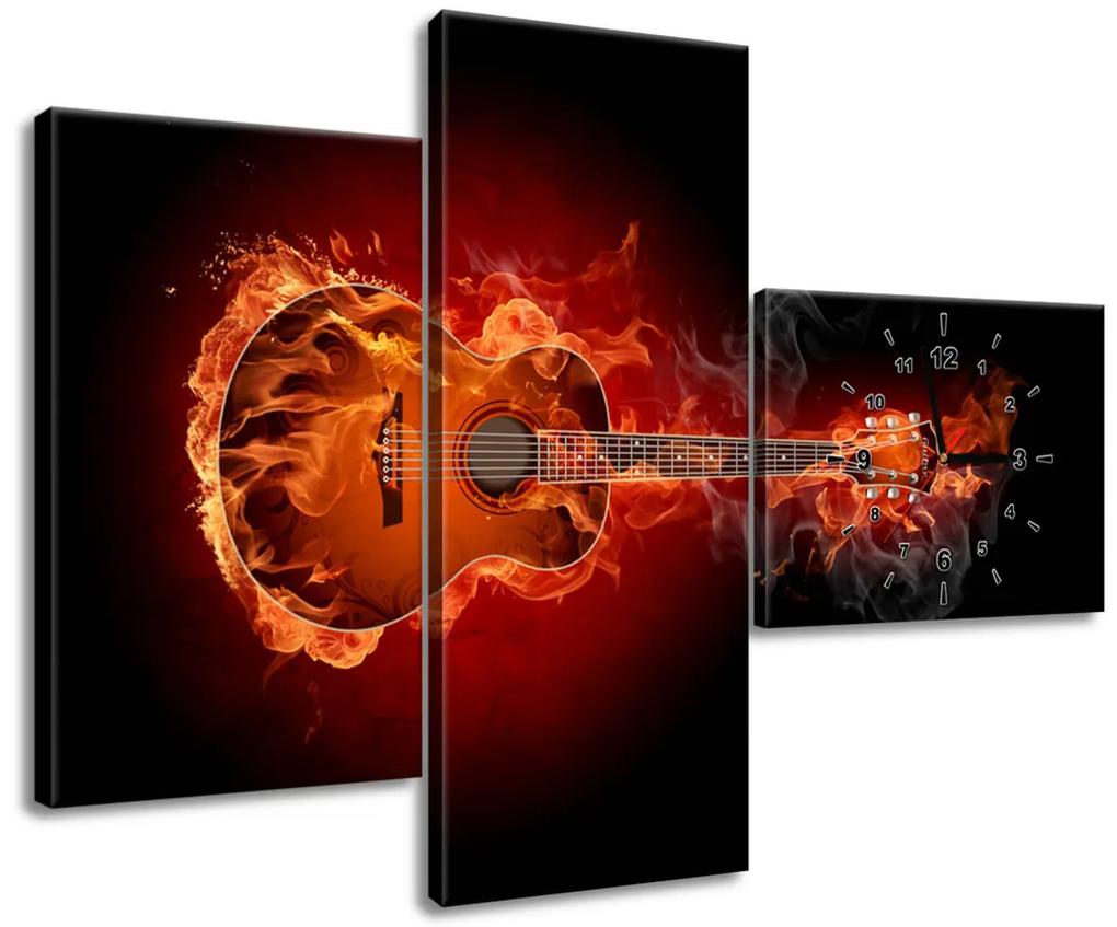 Gario Obraz s hodinami Hořící kytara - 3 dílný Rozměry: 90 x 30 cm