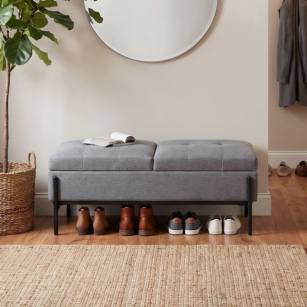 HOMCOM úložná lavice, lněný taburet s 2 přihrádkami, víky na pantech a extra polstrováním, sedadlo s knoflíkovým prošitím — (117 x 50 x 44 cm), šedá