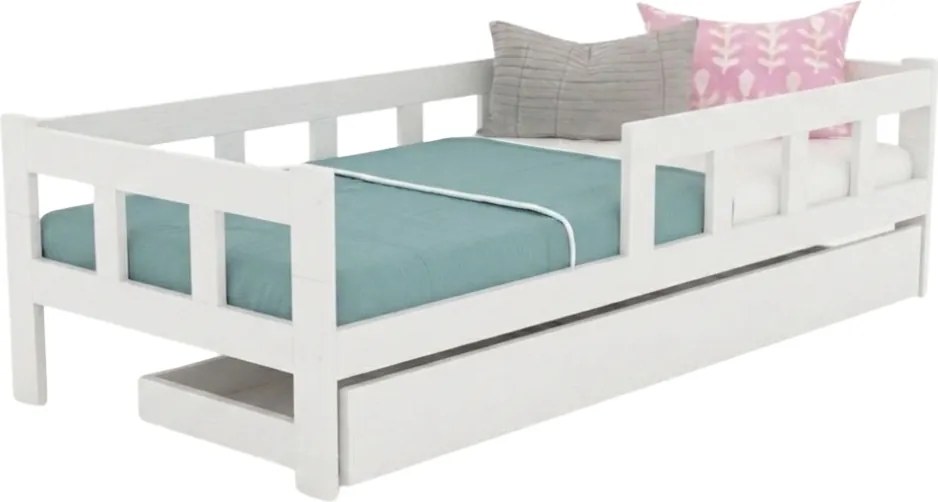Benlemi Dřevěná jednolůžková postel FENCE 4v1 se zábranou a úložným šuplíkem Zvolte barvu: Petrolejová, Zvolte rozměr: 120x200 cm, Zvolte zábranu: S jednou zábranou vpravo