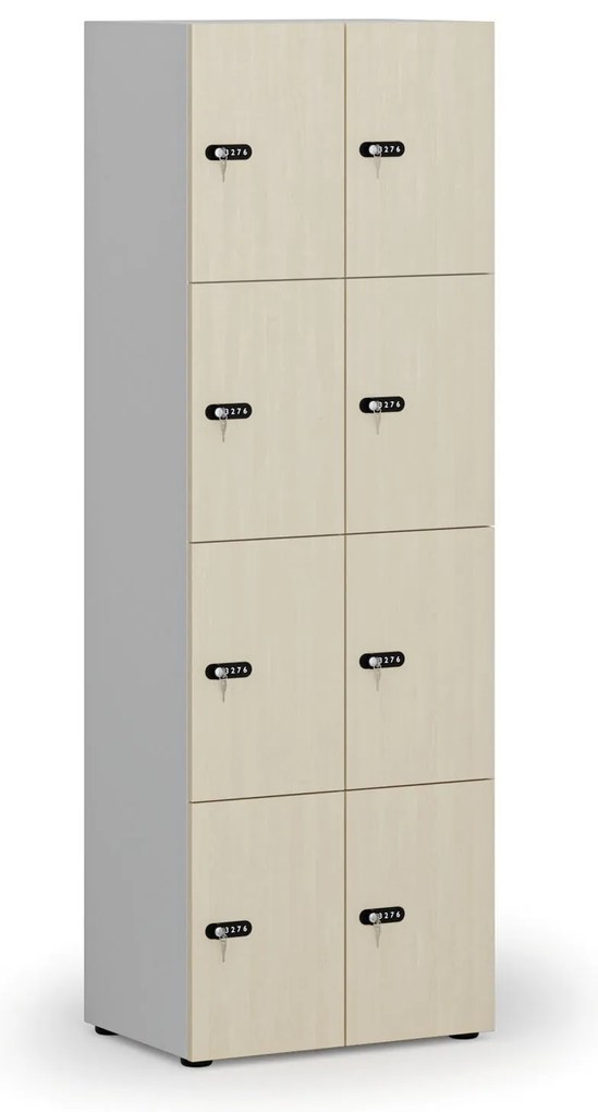 Dřevěná šatní skříňka S4 s úložnými boxy, 8 boxů, demont, mechanický kódový zámek, šedá/bříza