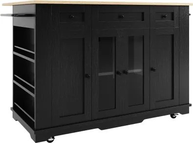 Aosom Kuchyňský ostrov se sklápěcí deskou stolu, jídelní vozík s tvrzeným sklem, 151,5 x 60/85 x 91,7 cm, černá