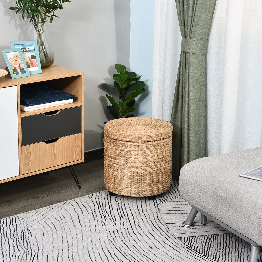 HOMCOM Taburet s úložným prostorem Taburet na nohy s úložným boxem, odnímatelné víko, slaměný ratan, khaki, Ø43x43cm| Aosom