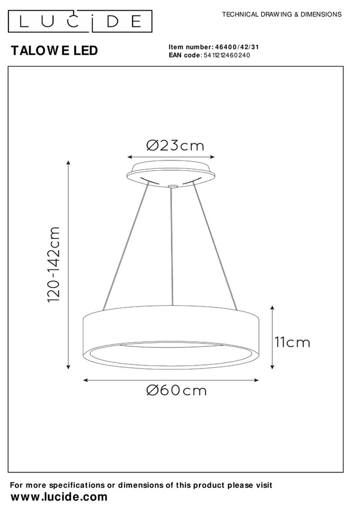 Lucide 46400/42/31 závěsné LED svítidlo Talowe bílé, 39W, 3000K, ø60cm