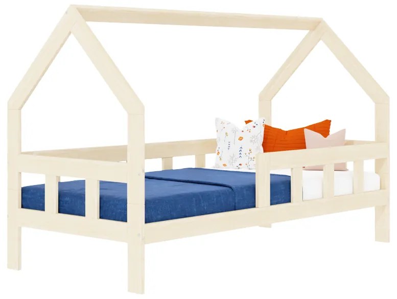 Benlemi Dětská postel domeček FENCE 2v1 ze dřeva se zábranou Zvolte barvu: Béžová, Zvolte rozměr: 90x160 cm, Zvolte zábranu: S jednou zábranou