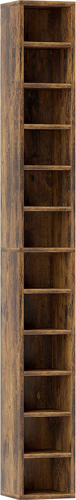 HOMCOM stojan na CD/DVD, vysoký regál se 12 přihrádkami, pojme až 204 disků, rustikální hnědá — 175 × 21 × 20 cm