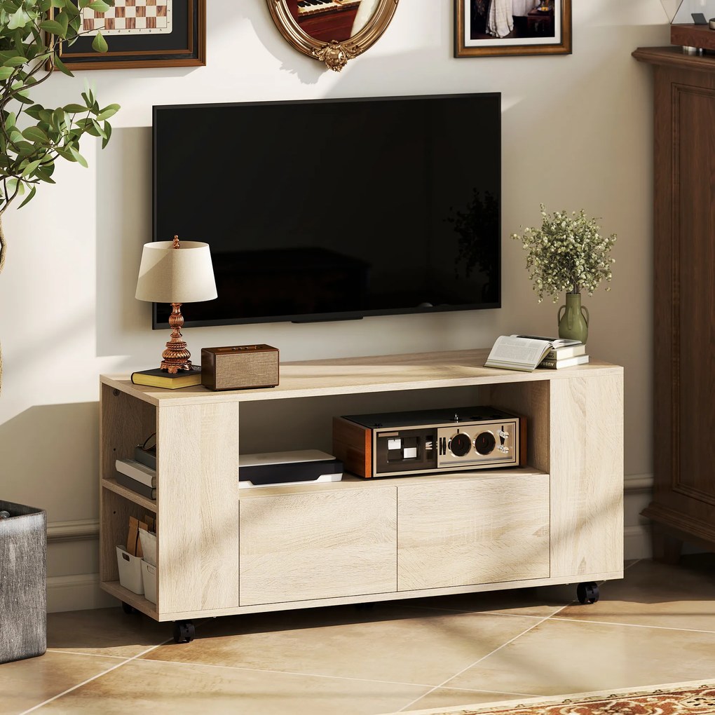 HOMCOM TV nábytek 106,68 cm s otočnými kolečky a brzdou, nastavitelné police a zásuvky, 102x34,5x48,5 cm, dřevo