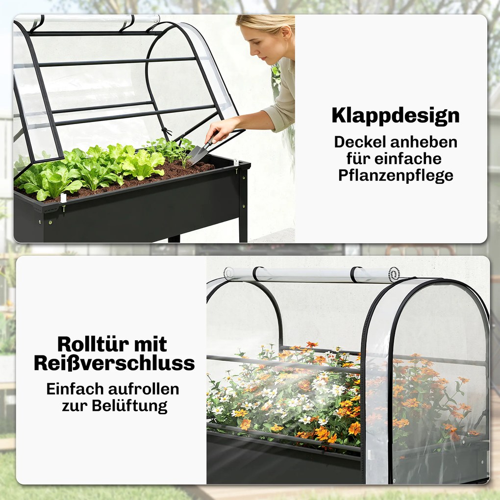 Vyvýšený záhon s nástavcem na skleník Box na sázení s výklopným víkem Rolovací dvířka na zip Vypouštěcí otvor Černá barva