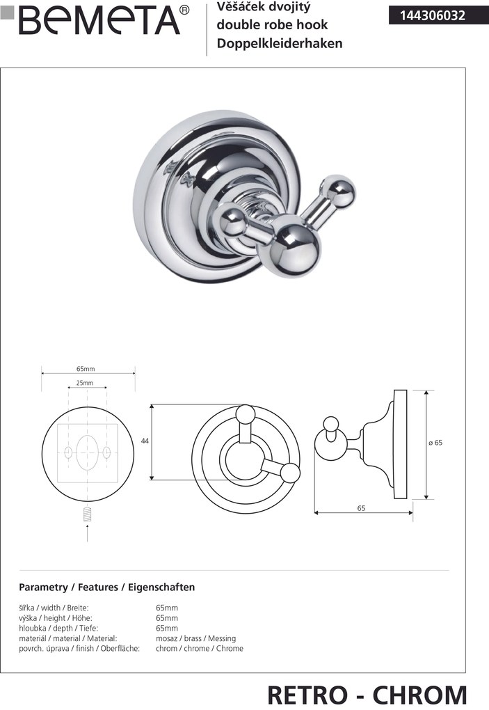 Bemeta Design RETRO chrom: Háček, dvojitý - 144306032