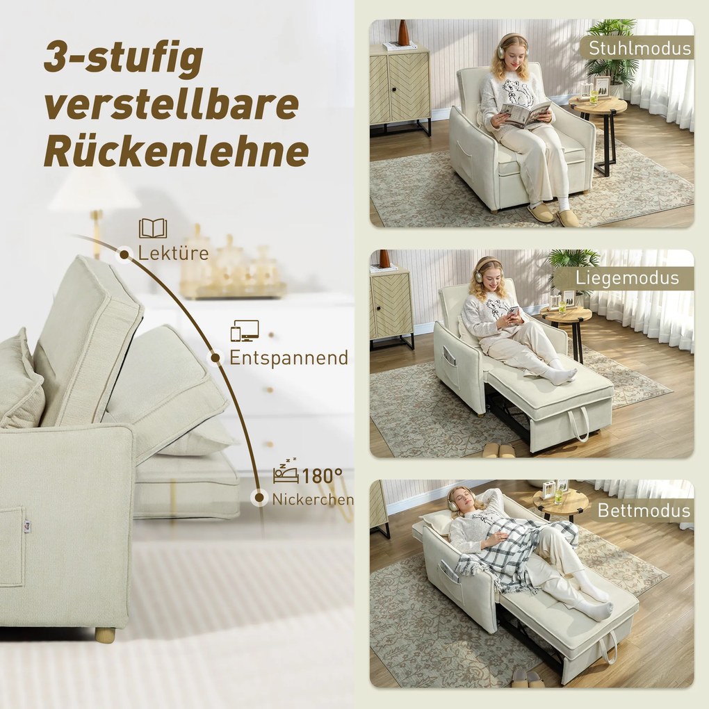 HOMCOM rozkládací křeslo 3v1 – sklápěcí do 180°, široké sedadlo, chenille, krémové