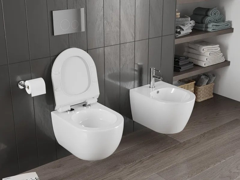 Mexen Carmen, závěsná WC mísa 490x365x340 mm, Rimless Tornádo + WC sedátko z duroplastu, bílá lesklá, 30880100T