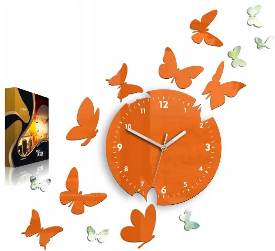 M.Clock Nástěnné akrylové hodiny motýli 28 cm oranžové