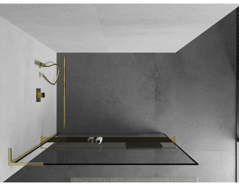 Mexen Kioto+ L, sprchová zástěna Walk-In s poličkou a věšákem 90 x 200 cm, 8mm čiré sklo černý vzor, zlatý lesklý profil, 800-090-123-50-70