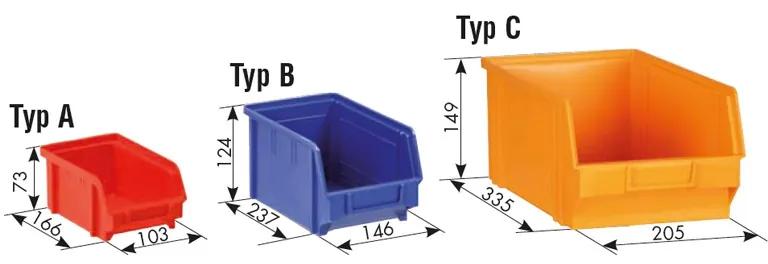 Skříň s plastovými boxy BASIC - 1800 x 400 x 920 mm, 24xA/24xB/12xC, šedá/modré dveře