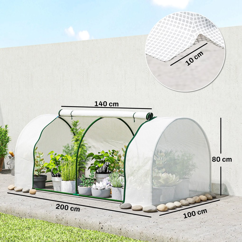 Outsunny skleník z PE s vyztuženou fólií, mrazuvzdorný ocelový tunel pro balkon a zahradu — skleník na rajčata 200 × 100 × 80 cm — bílý