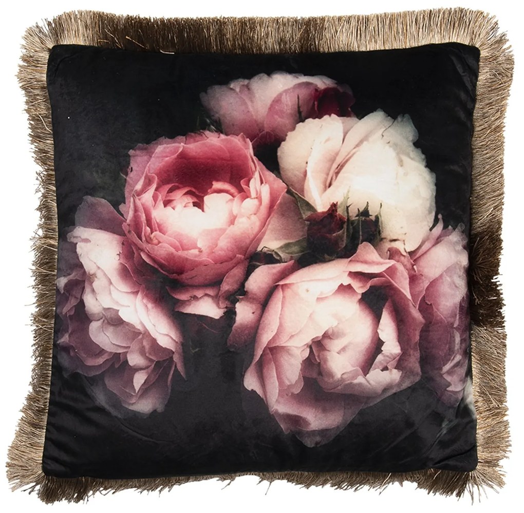 Černý polštář s růžemi a třásněmi - 45*45 cm