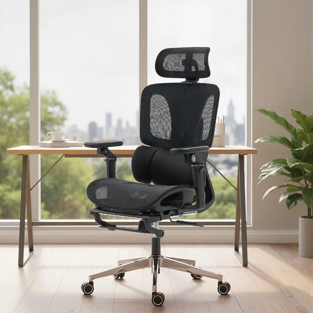 HOMCOM ergonomická kancelářská židle — nastavitelná bederní opora a opěrka hlavy, 5D područky, dělené opěradlo, výsuvná opěrka nohou, výškově nastavi…
