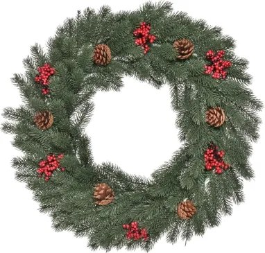 HOMCOM vánoční věnec 60 cm, věnec na dveře s 40 LED, šišky, červené bobule, umělý vánoční věnec, Vánoce, adventní věnec, věnce na vstupní dveře pro v…