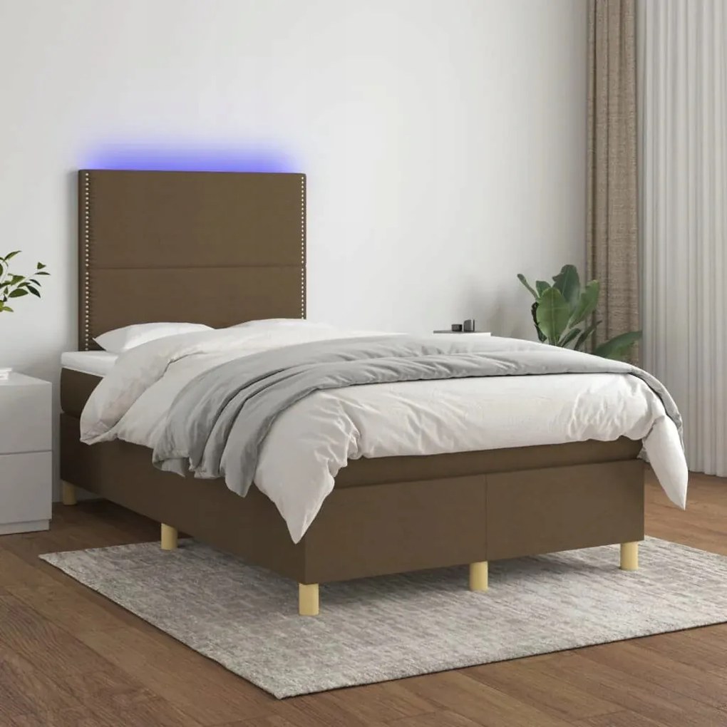 Box spring postel s matrací a led textil tmavě hnědá