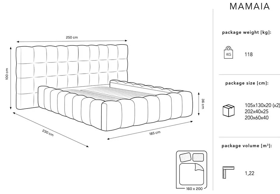 Tmavě modrá čalouněná dvoulůžková postel s úložným prostorem a roštem 160x200 cm Mamaia – Micadoni Home