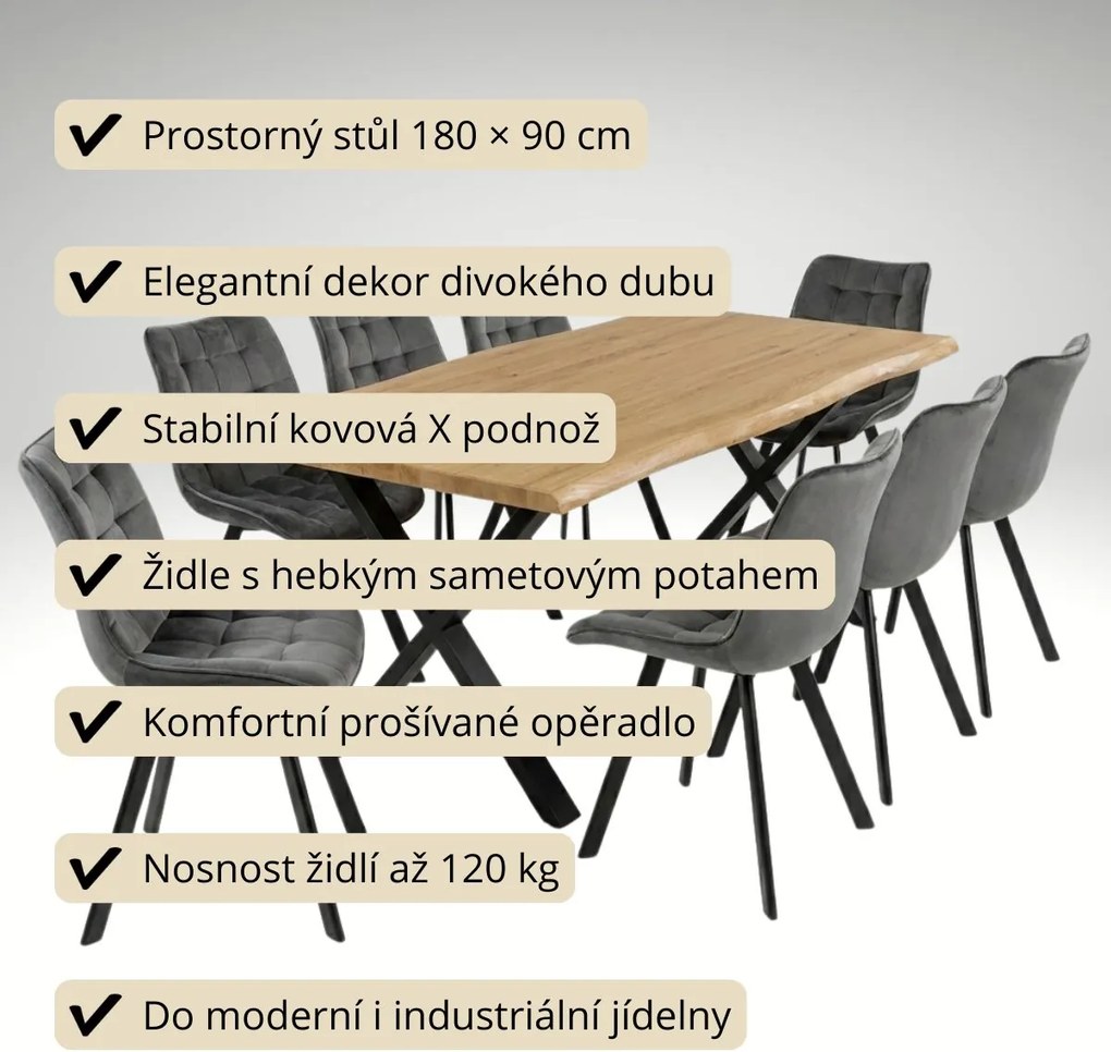 Vikio Jídelní set pro 8 osob 180x90 cm soft dub noha X šedá židle VJS238-8S-S