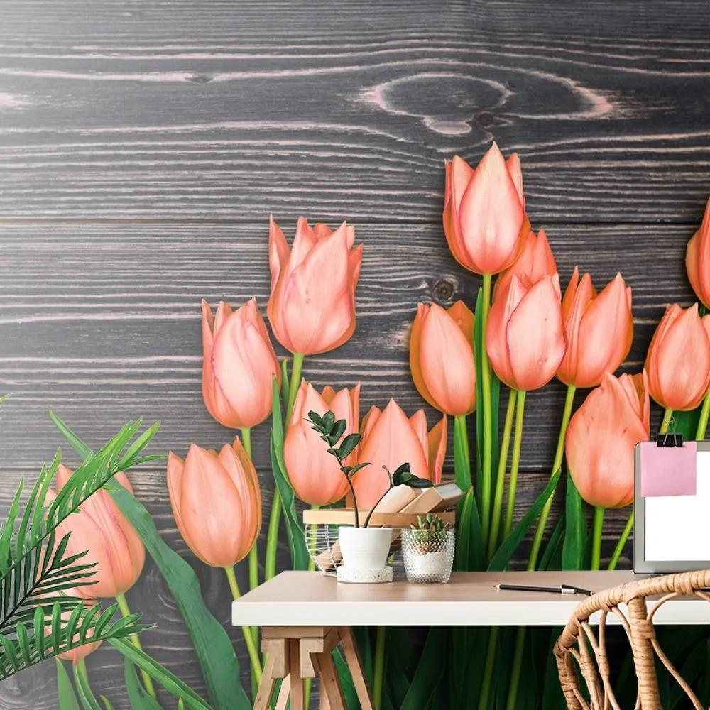 Tapeta oranžové tulipány na dřevěném podkladu - 450x300 cm