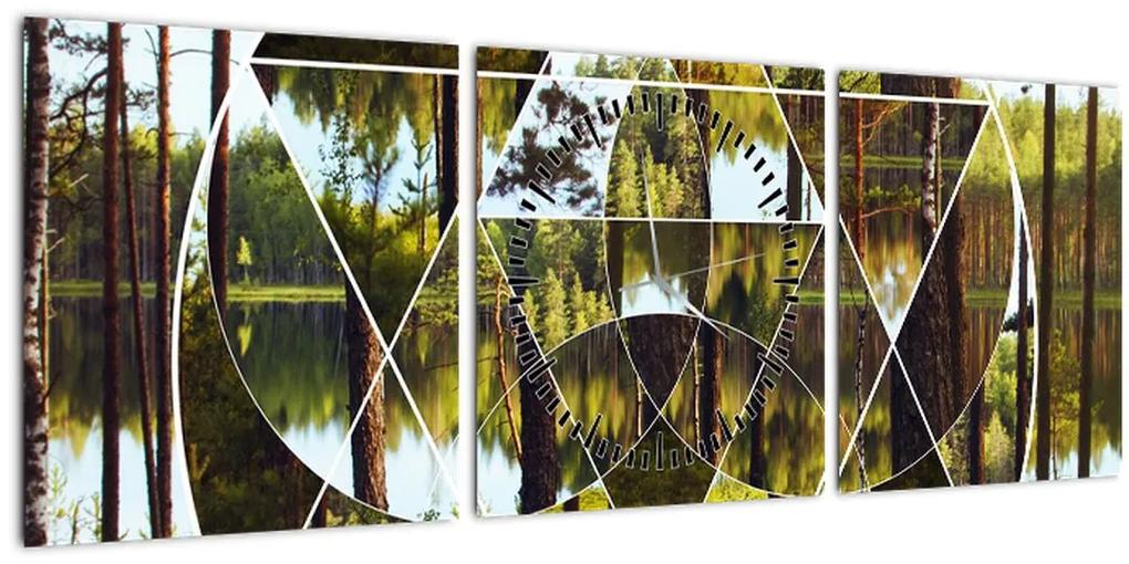 Obraz - Geometrická koláž na pozadí severských lesů (s hodinami) (90x30 cm)