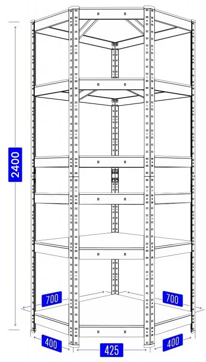 Rohový regál 2400x700x400x425 mm zinkovaný 6-policový, nosnost 900 kg