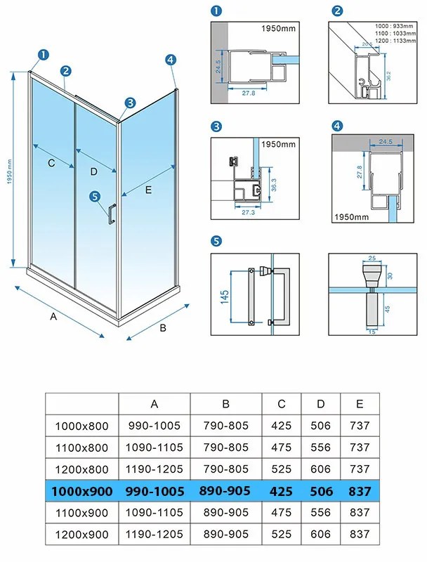 BPS-koupelny Obdélníkový sprchový kout HYD-OK104A 100x90 černá/transparent + vanička HYD-OSV-ST04A bílá