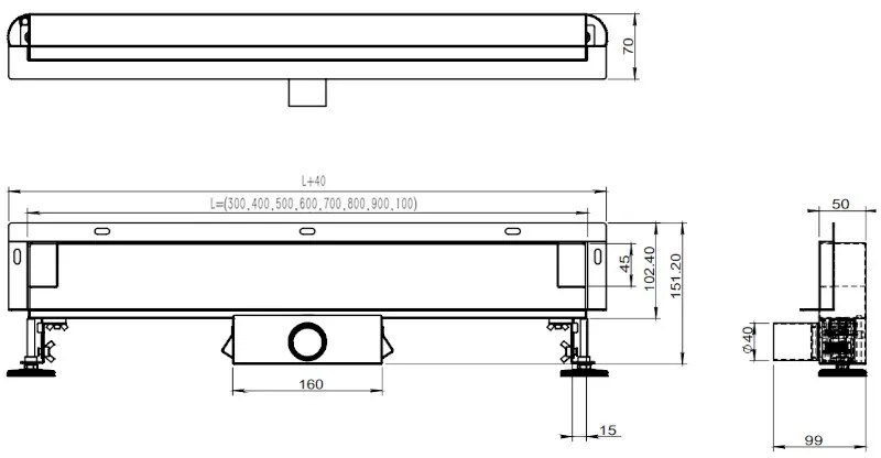 BPS-koupelny Nástěnný odtokový žlab 2in1 DL09 100 cm, černý