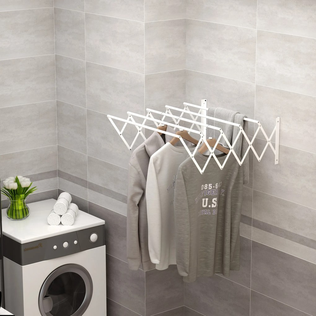 HOMCOM Nástěnný sušák na prádlo 57,5 cm prostorově úsporný kůň na prádlo pro interiér i exteriér Kov v bílé barvě 63,5 x 60 x 20 cm