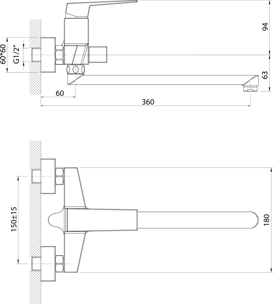 Aqualine Aqualine, RITMO nástěnná umyvadlová/vanová baterie, rozteč 150mm, chrom, RT015
