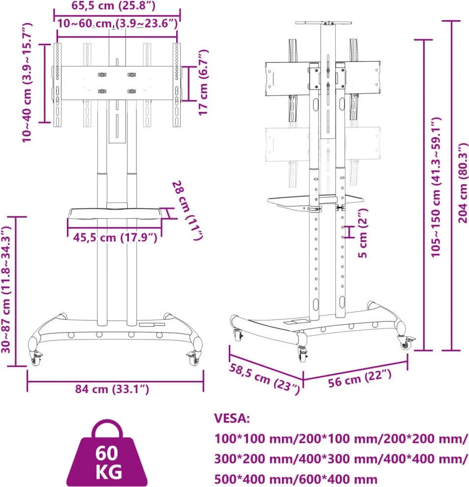vidaXL TV stojan na kolečkách 32"–70" Max VESA 600 x 400 mm 60 kg [379578]