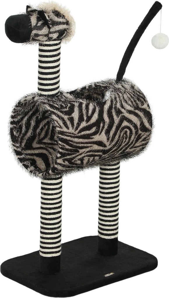 Strom pro kočky PawHut, výška 93 cm, strom pro kočky v designu zebra, lezecký strom s kočičím tunelem, škrabací sloup s jutovými příčkami, herní strom