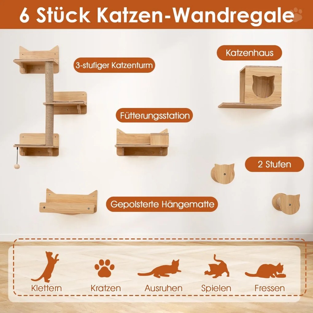 Costway 6 PCS lezecká stěna Škrabadlo pro kočky s platformami Mísa Houpací síť