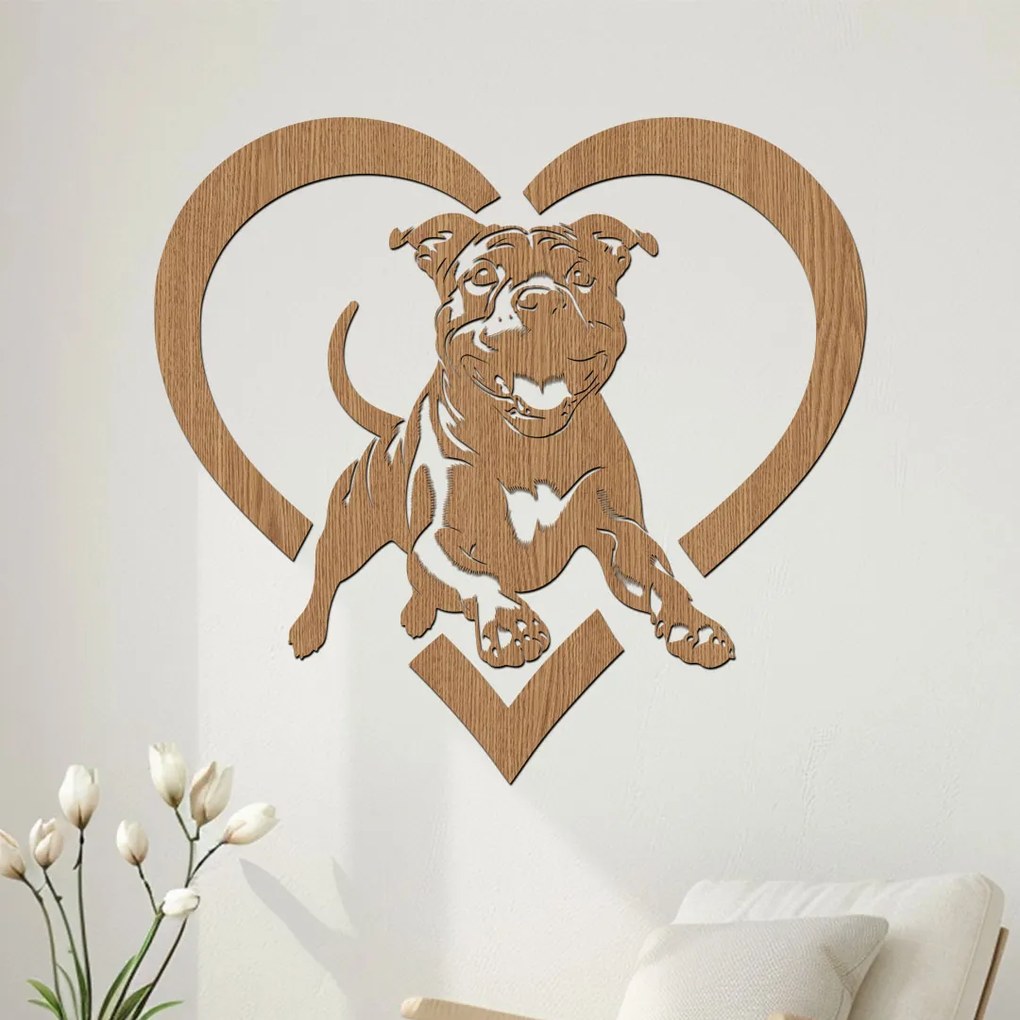dřevo života Dřevěný obraz Amerického Stafordširského teriéra v srdci Zvolte rozměr (cm): 80x74, Zvolte barvu dekoru: Ořech