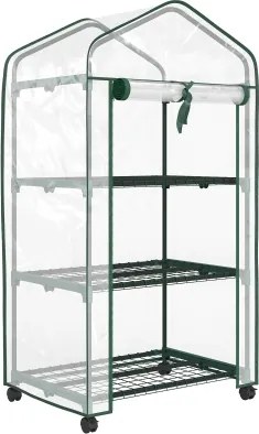 Outsunny mini skleník se 3 policemi, PVC plachta vysoké hustoty, rolovací dveře, 4 kolečka, 69 x 49 x 130 cm, průhledný