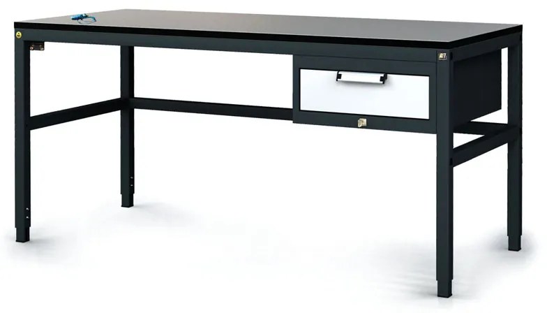 Antistatický dílenský ESD stůl, 1 zásuvkový box na nářadí, 1600x800x745-985 mm