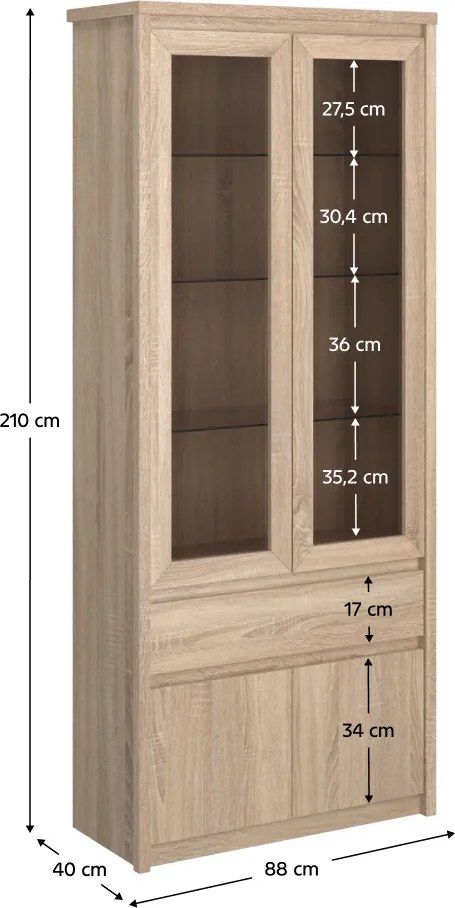 Vitrína se šuplíkem 2D2W1S, dub sonoma, NORTY TYP 3