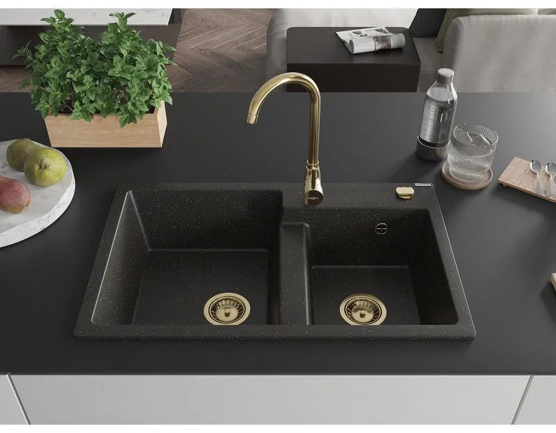 Mexen Tomas, granitový dřez 800x500x190 mm, 2-komorový, černá-zlatá metalíza se zlatým sifonem, 6516802000-75-G